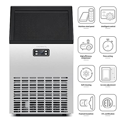 CROWNFUL Commercial Ice Maker 100Lbs/24H, Stainless Steel Ice Machine with 33Lbs Ice Storage Capacity, Free-Standing Under Counter Ice Maker, Ideal for Home, Office, Restaurant, Bar, Coffee Shop