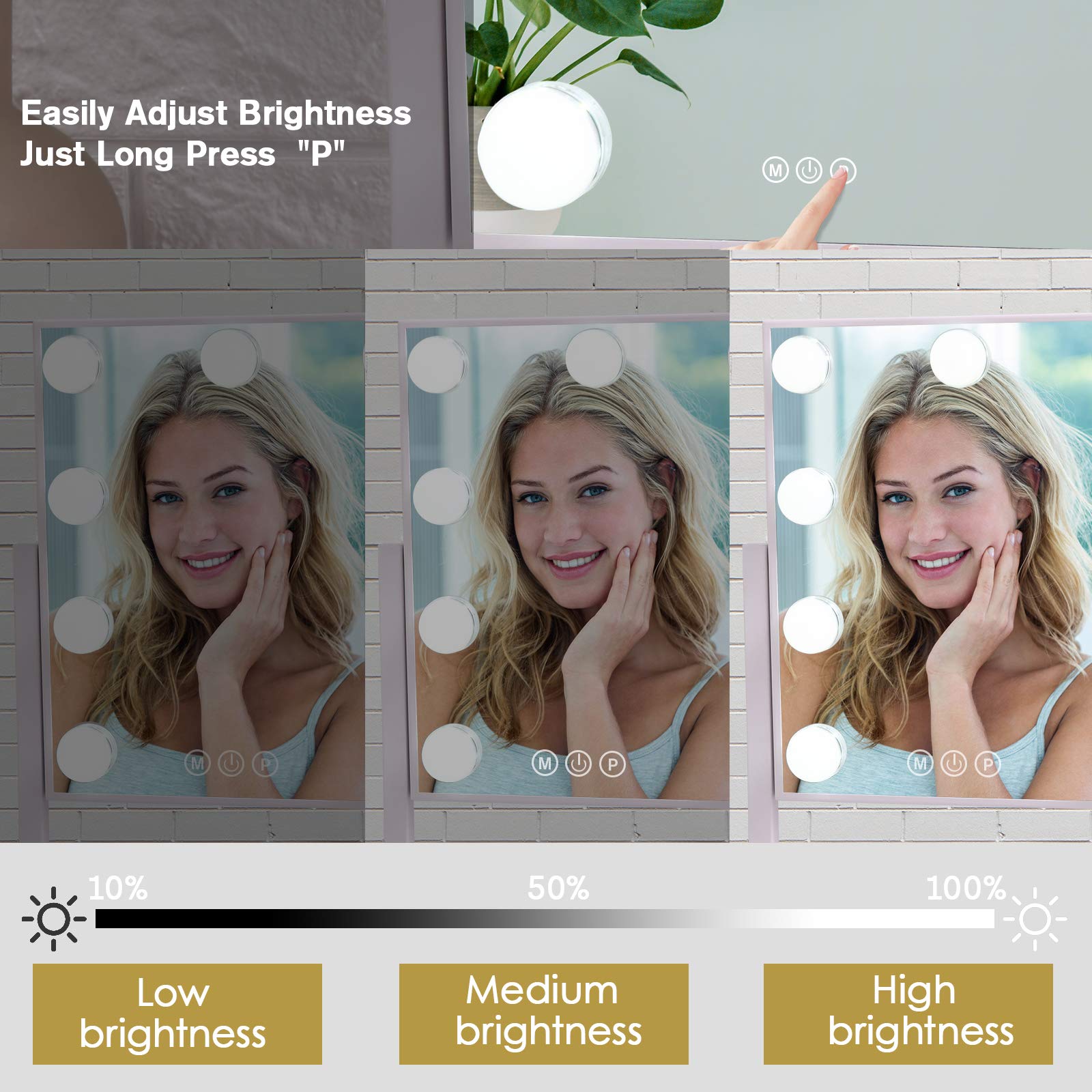 BWLLNI Lighted Makeup Mirror Hollywood Mirror Vanity Mirror with Lights, Touch Control Design 3 Colors Dimable LED Bulbs, Detachable 10X Magnification, 360°Rotation, (White) 12" L x 14" W