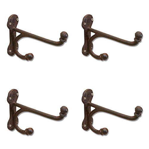 Antiques Market Wall Hooks, Set of 4, Shabby Distressed Finish, Rustic Country Style, Dark Bronze Color, Cast Iron, Vintage Inspired, Each is 6 Inches Long, Cozy Home Collection