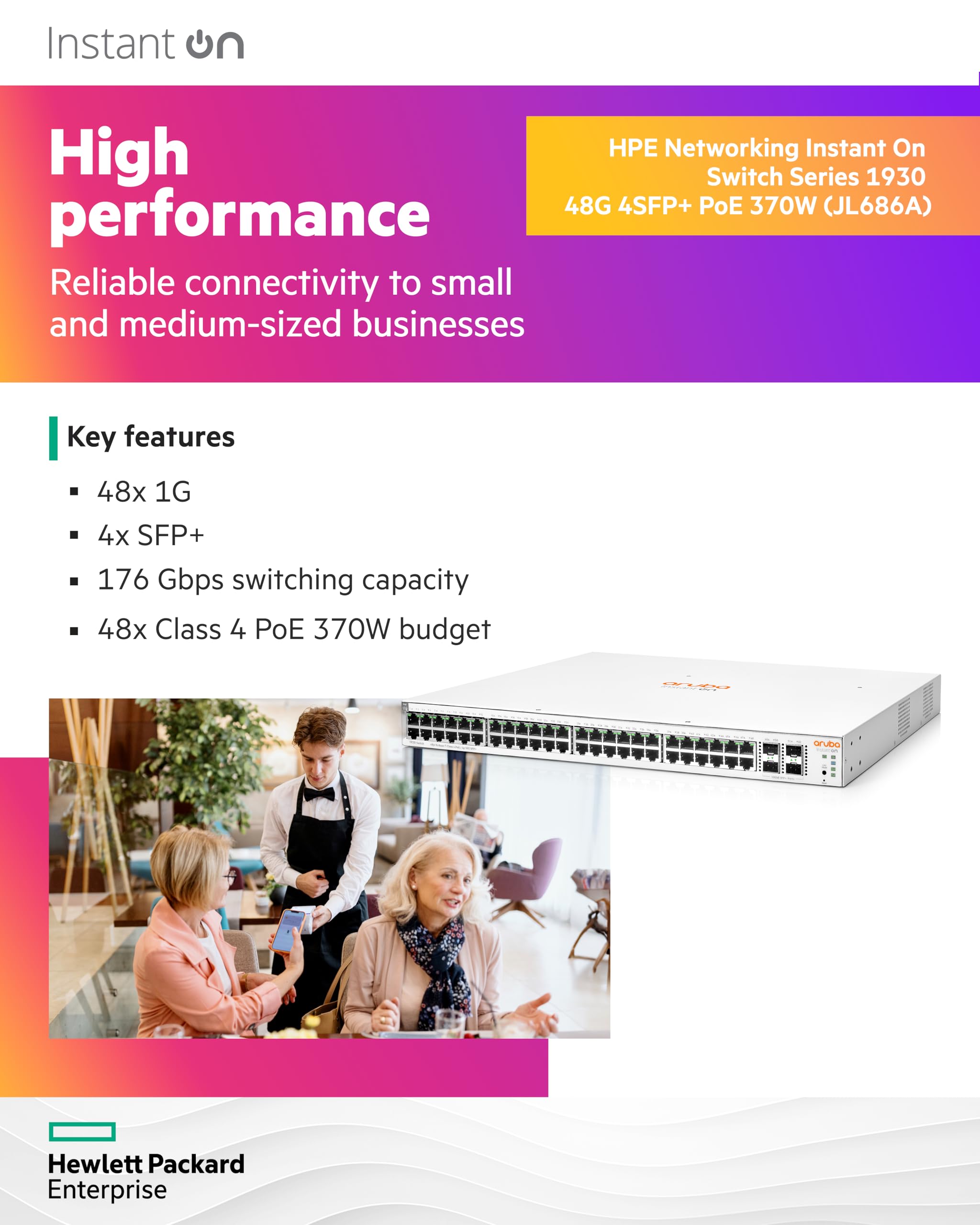 Aruba Instant On 1930 48-Port Gb Ethernet 48xGE PoE (370W), 4X 1G/10G SFP+, L2+ Smart Switch US Cord (JL686A#ABA)