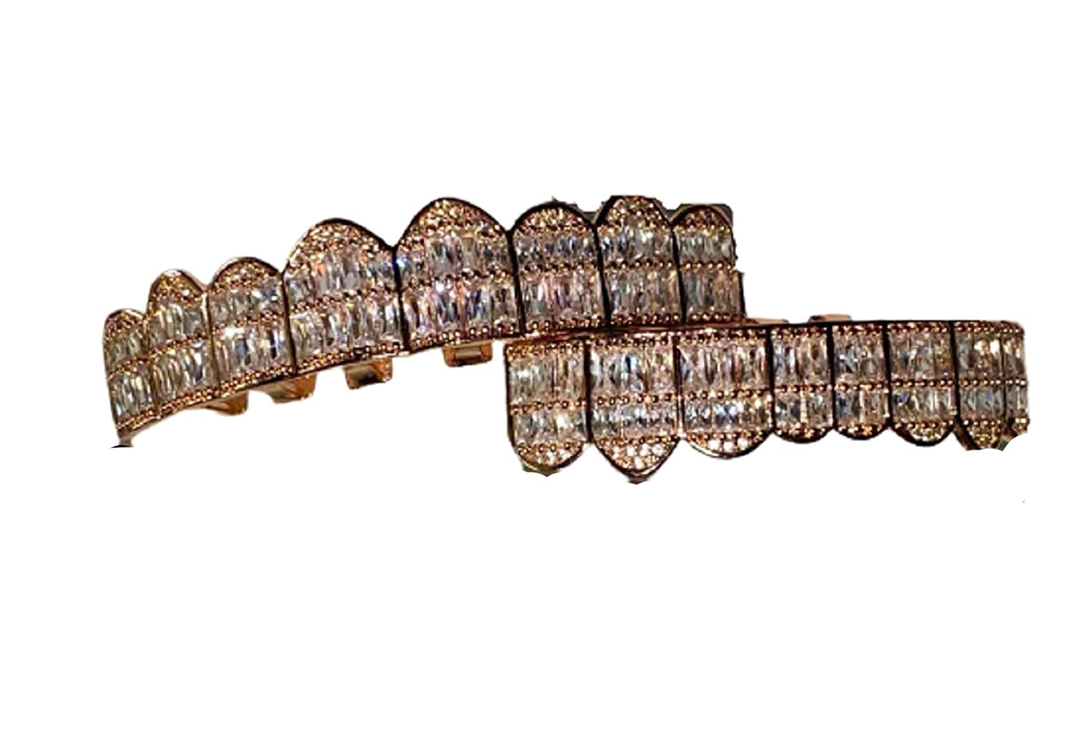 14k Rose Gold Baguette Joker Pink Grillz for Mouth Top Bottom Hip Hop Teeth Grills for Teeth Mouth Grillz for Mouth Top Bottom Hip Hop 8 Teeth Prong Set Cz Diamonds Grills for Tooth