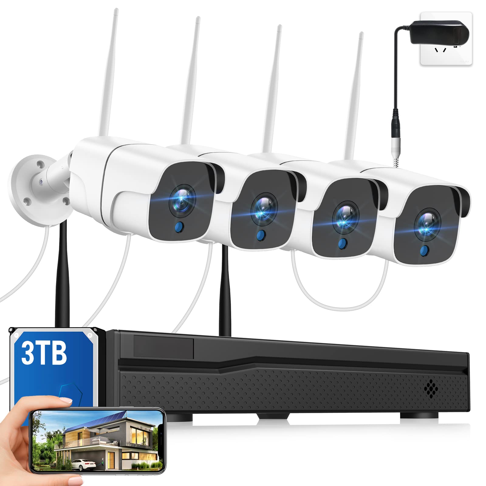 1080P Wireless Home Security Camera System with 3TB Hard Disk Drive, 4 x 2MP Outdoor Bullet Cameras + 8CH NVR, CCTV Camera Set for 24/7 Record, Plug & Play, Remote Control, IP66 Waterproof