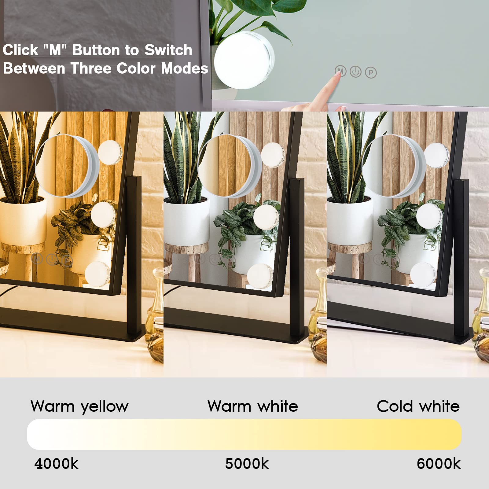 BWLLNI Lighted Makeup Mirror Hollywood Mirror Vanity Mirror with Lights, Touch Control Design 3 Colors Dimable LED Bulbs, Detachable 10X Magnification, 360°Rotation, Black.