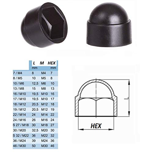 5x HEX NUT COVER CAP M4 TO M30 PROTECTION BOLT ROUND HEXAGON DOME BLACK SCREW HEAD CAR PLASTIC (Diameter M30 / Hex 46mm)
