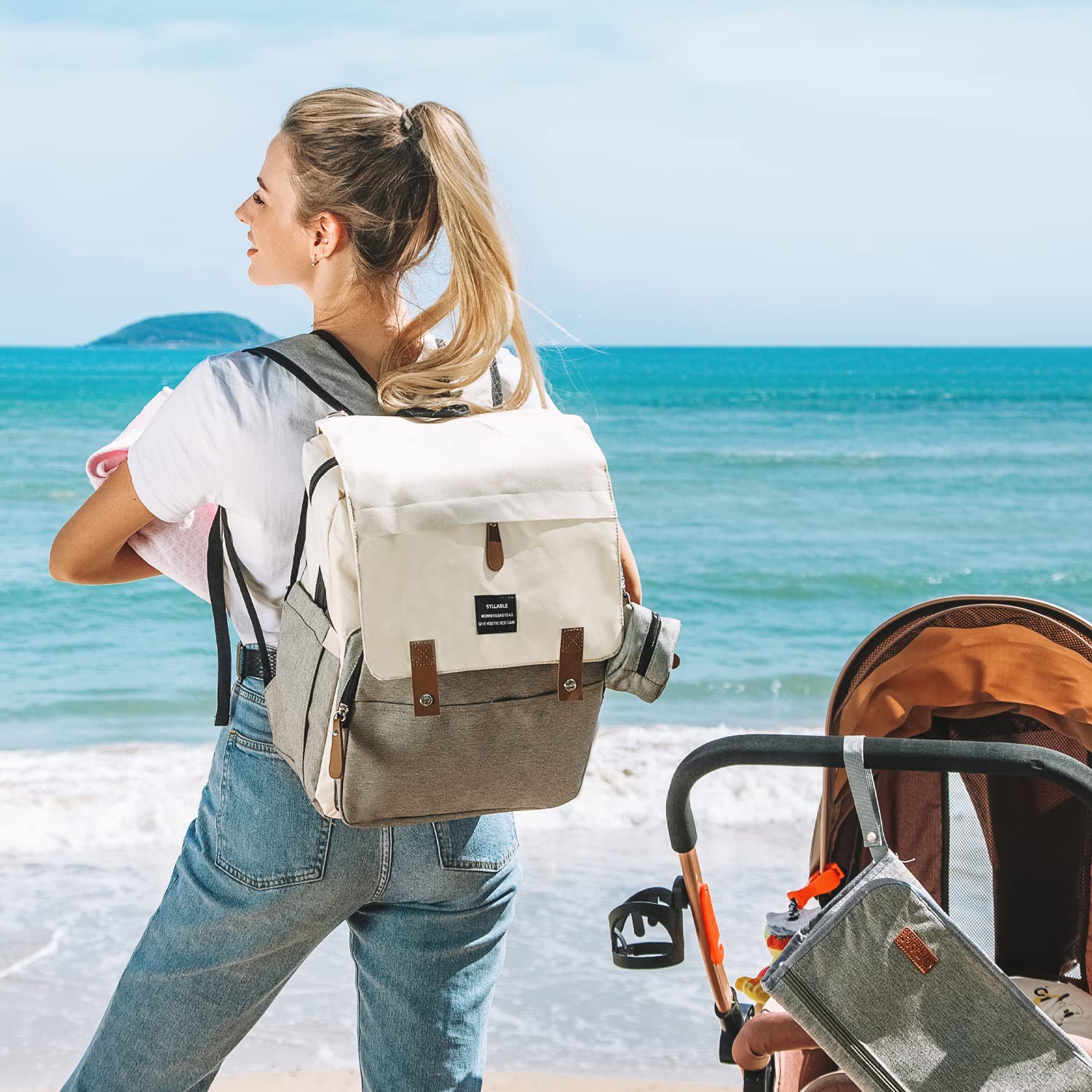 Diaper Bag Backpack with Portable Changing Pad, Pacifier Case and Stroller Straps White