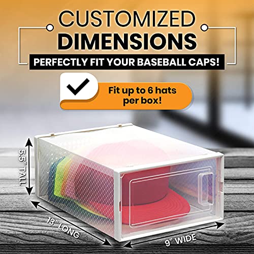Boxy Concepts Plastic Hat Organizer for Baseball Caps (6-Pack) Easy Assembly, Stylish, Dust-Proof, Transparent, Stackable with Odor Vents. Ideal Holder, Case or Hat Rack Storage System 13β x 5.5β x 9β
