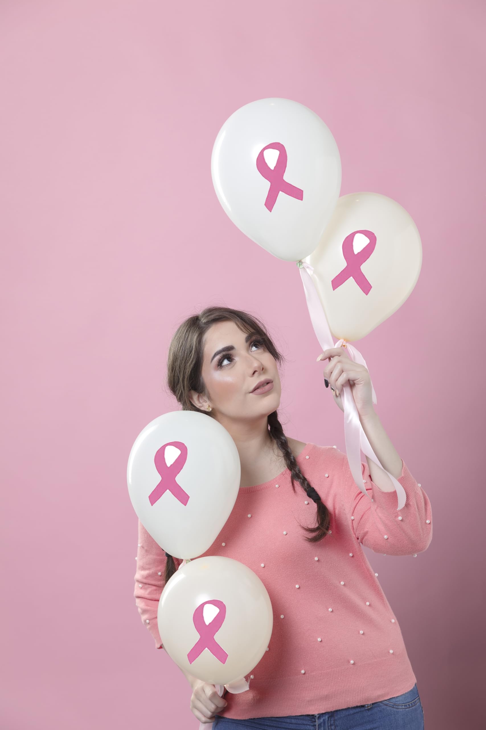 25 Pieces Pink Ribbon Balloon - Breast Cancer Awareness Balloons Set - 10 Inch Size (13 White, 12 Pink Balloons)