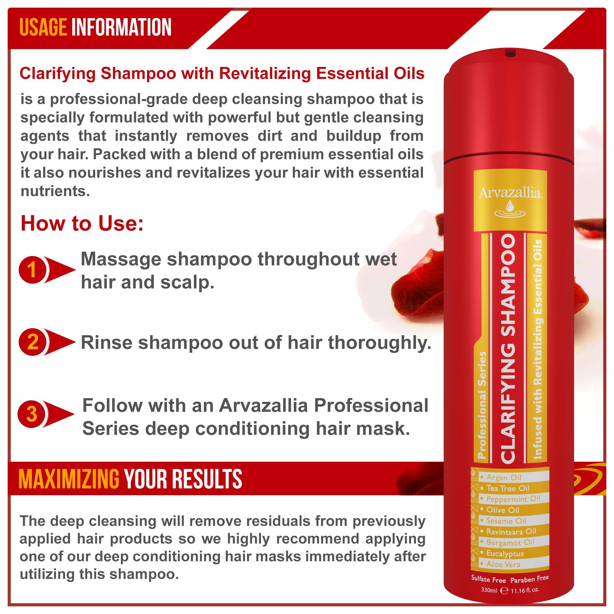 Arvazallia Clarifying Shampoo with Revitalizing Essential Oils - Professional-Grade Anti-Residue Cleanser Infused with Argan, Tea Tree, Peppermint, Olive, Sesame Oils, and Aloe