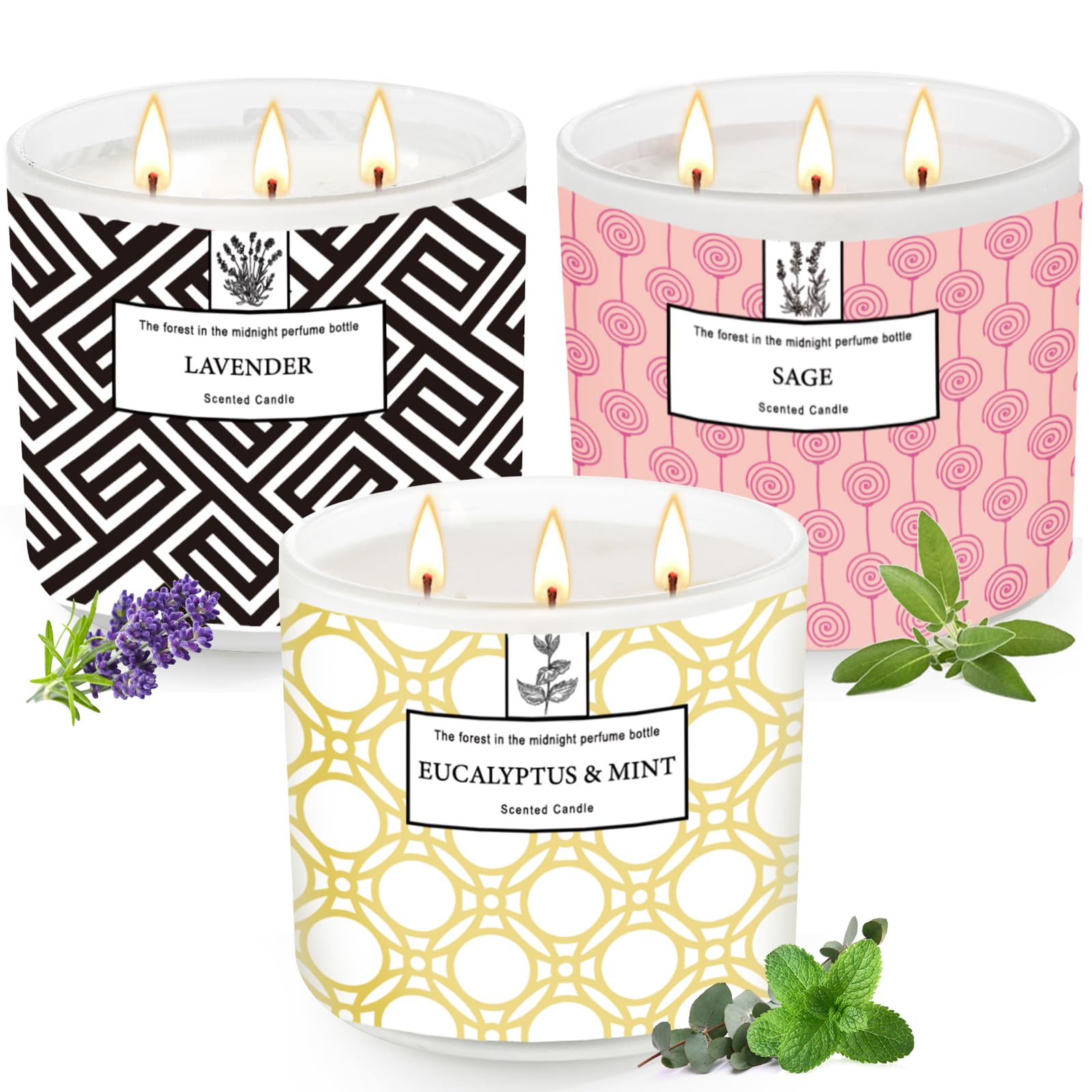 3 Pack Candles for Home Scented, Large 3 Wick Jar Candle, Luxury Lavender & Sage & Eucalyptus Mint Soy Candles, 40.2 oz 300 Hour Long Lasting Aromatherapy Candles, Housewarming Gift for Women