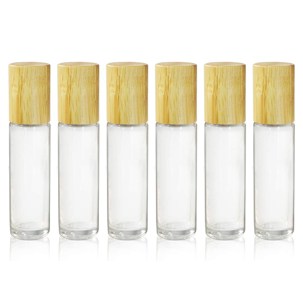 6 Count 10ml Bamboo Roll On Bottle For Essential Oils,Clear Glass Bottle With Natural Bamboo Lid,Portable Massage Stainless Steel Roller Ball Glass Vial Aromatherapy travel Perfumes Bottles
