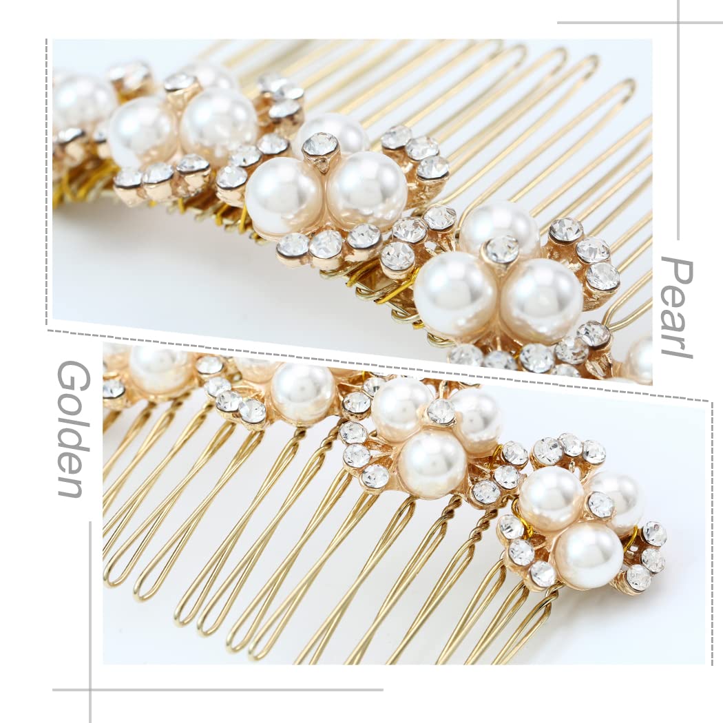 Asooll Gold Wedding Hair Comb Clip Rhinestone Bridal Hair Comb Pieces Pearl Hair Accessories for Brides Wedding