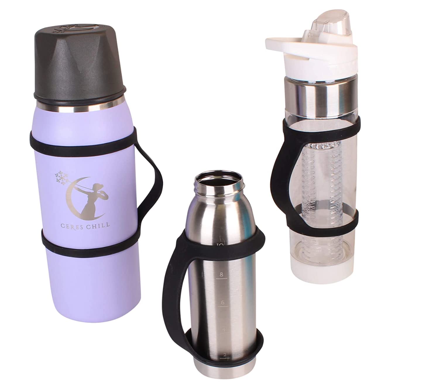 CERES CHILL Water Bottle Strap Handle Carrier fits 8oz to 28oz in Size, Silicone Strap Makes Any Bottle Handheld. for Runners & Joggers Anti Slip Grip & Drop Protection (2-Pack, Black, Small)