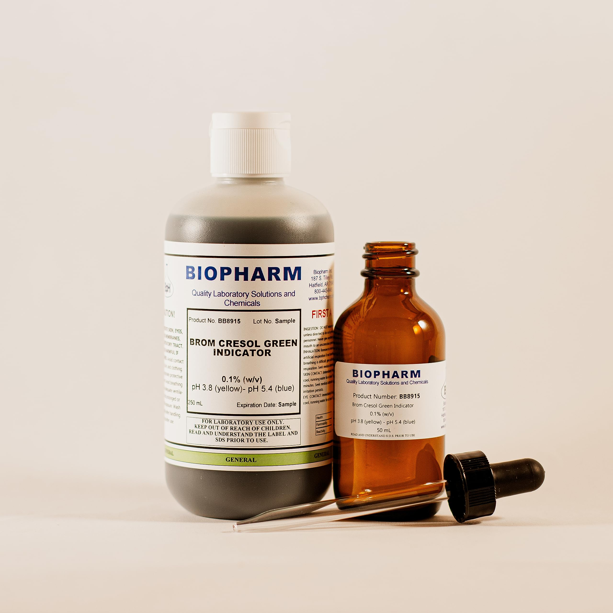 Bromocresol Green Indicator 0.1% w/v Aqueous Solution — 250 mL (8.4 fl oz) — Includes a 50 mL Empty Dropper Bottle and Dispensing Cap — pH 3.8 (Yellow) - pH 5.4 (Blue)