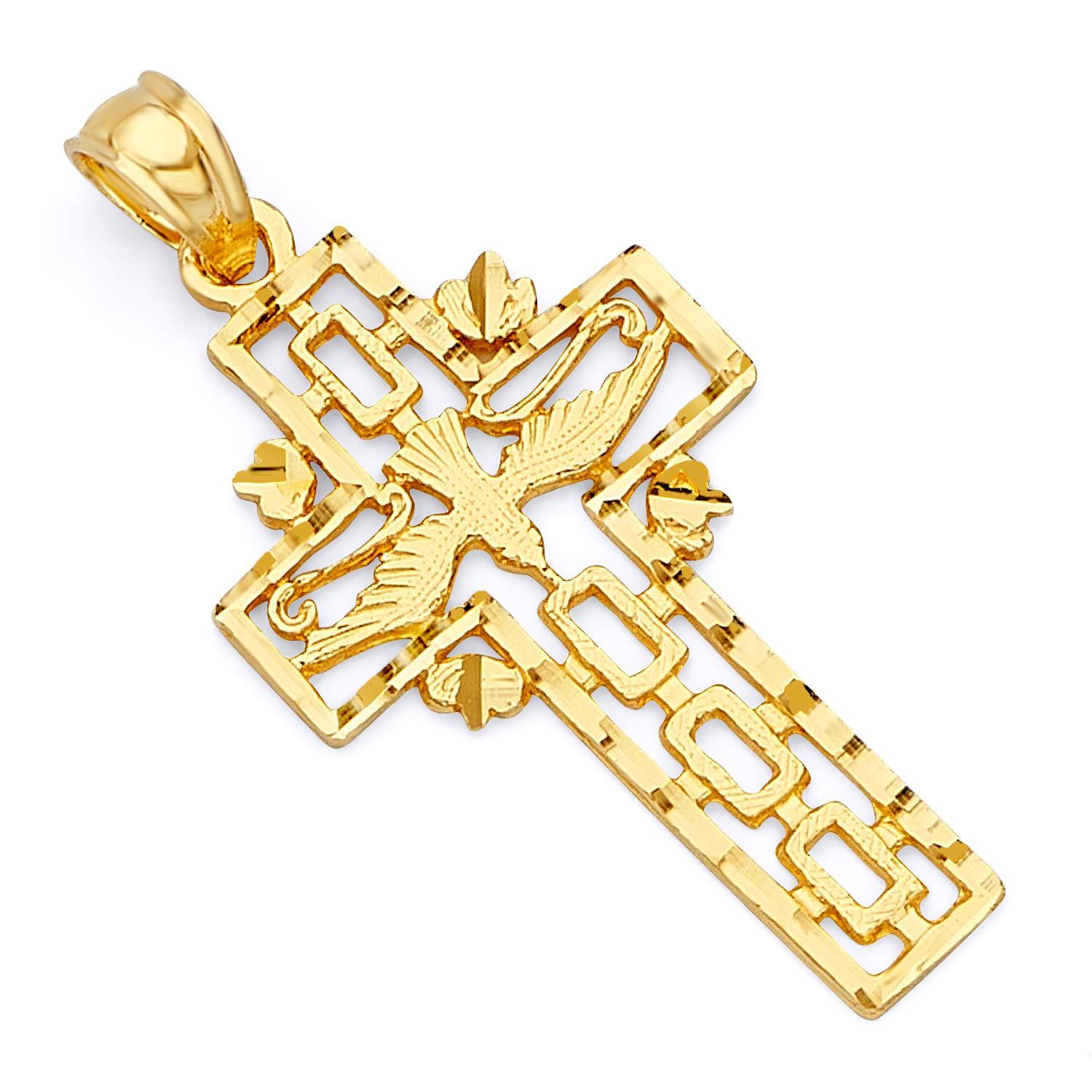 14k Yellow Gold Religious Cross with Holy Spirit Dove Pendant