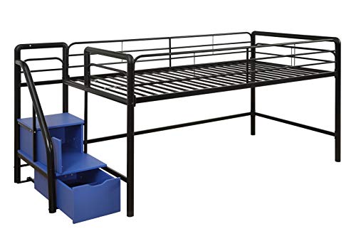 DHP Junior Twin Metal Loft Bed with Storage Steps, Space-Saving Solution, Multifunctional, Black with Blue Steps & Fire Department Design Curtain Set for Junior Loft Bed, Kids Furniture, Blue