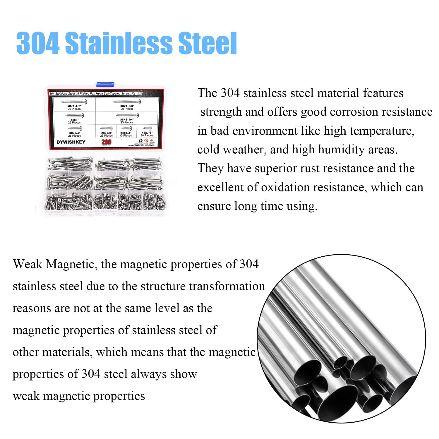 DYWISHKEY 200 Pieces #8 x 3/8", 1/2", 5/8", 3/4", 1", 1-1/4", 1-1/2", 1-5/8" Stainless Steel 304 Phillips Pan Head Self-Tapping Screws, Wood Screws Assortment Kit