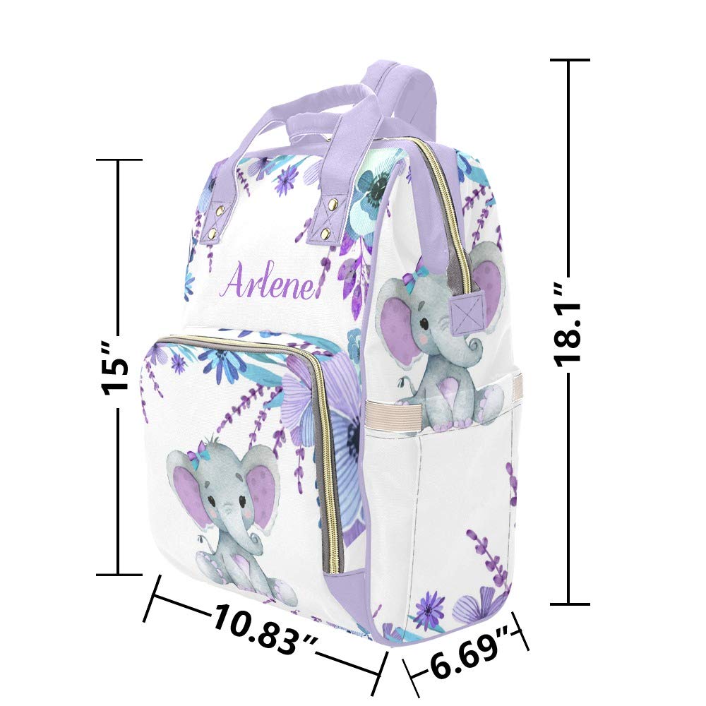 Elephant Purple Personalized Diaper Bag Backpack Tote with Name,Custom Travel Nappy Mommy Bag Backpack