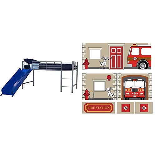 DHP Junior Twin Metal Loft Bed with Slide, Multifunctional Design, Silver with Blue Slide & Fire Department Design Curtain Set for Junior Loft Bed, Kids Furniture, Blue
