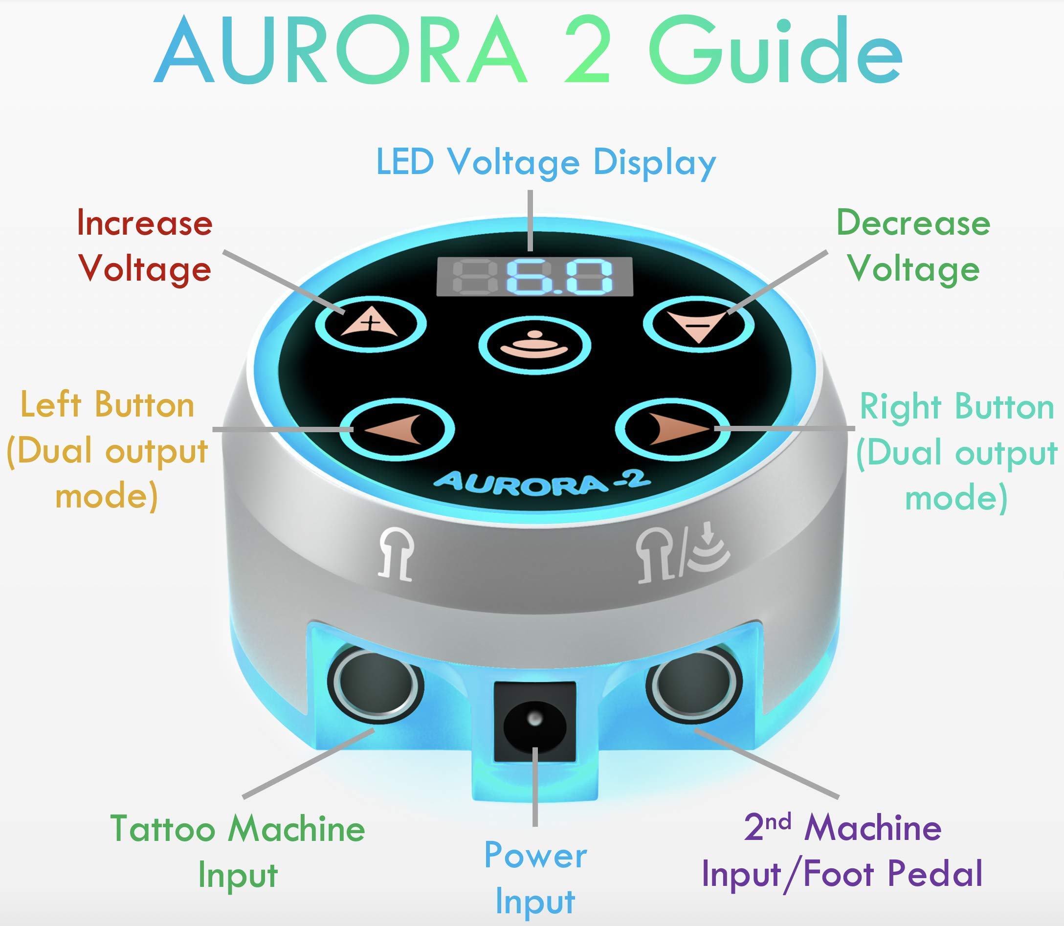 Aurora II Professional Tattoo Machine Power Supply- Touchscreen, Digital Display & Color LEDs (Silver)