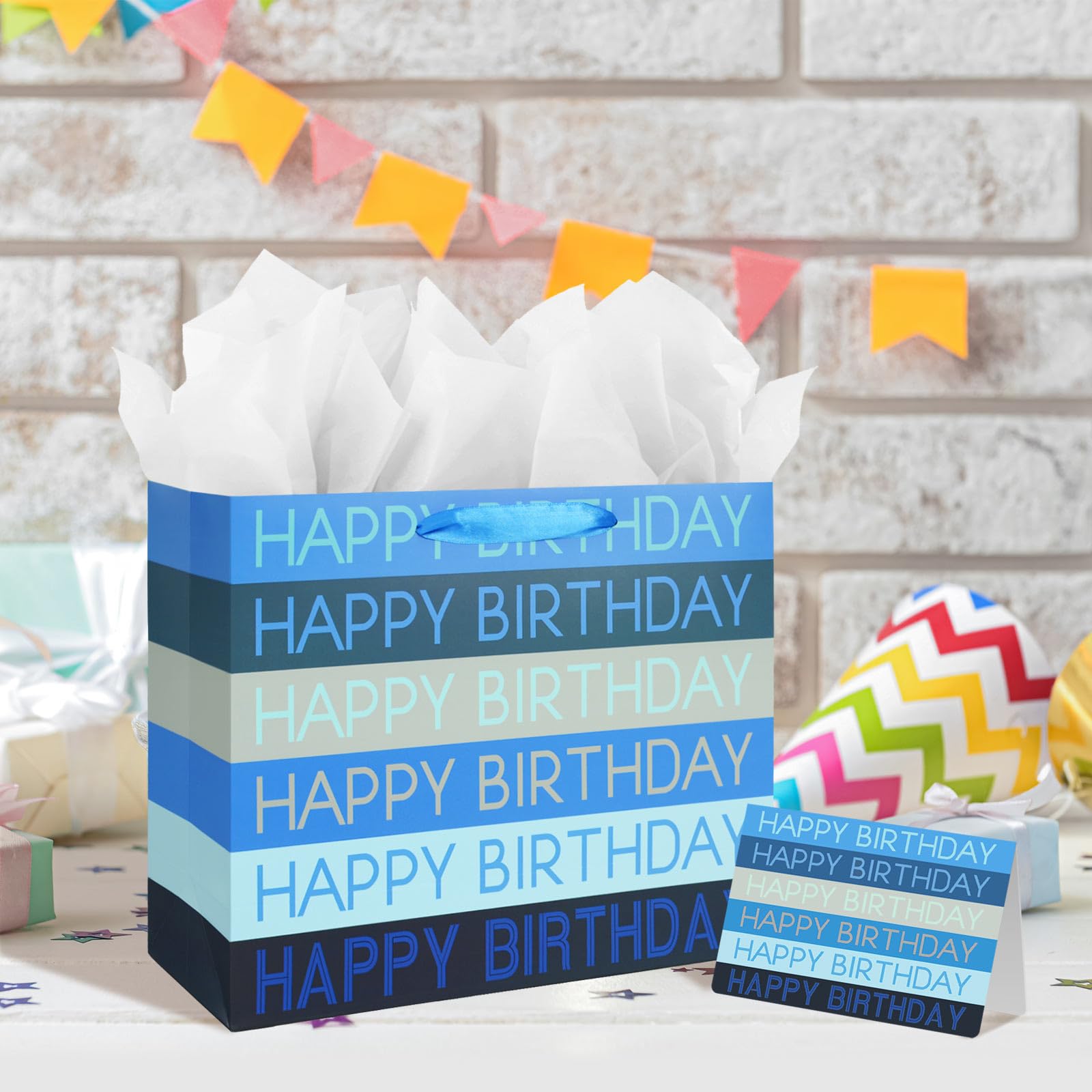 13" Large Happy Birthday Gift Bag with Tissue Paper,Card and Handles for Men Boy Kid Birthday Party (Blue Stripes)