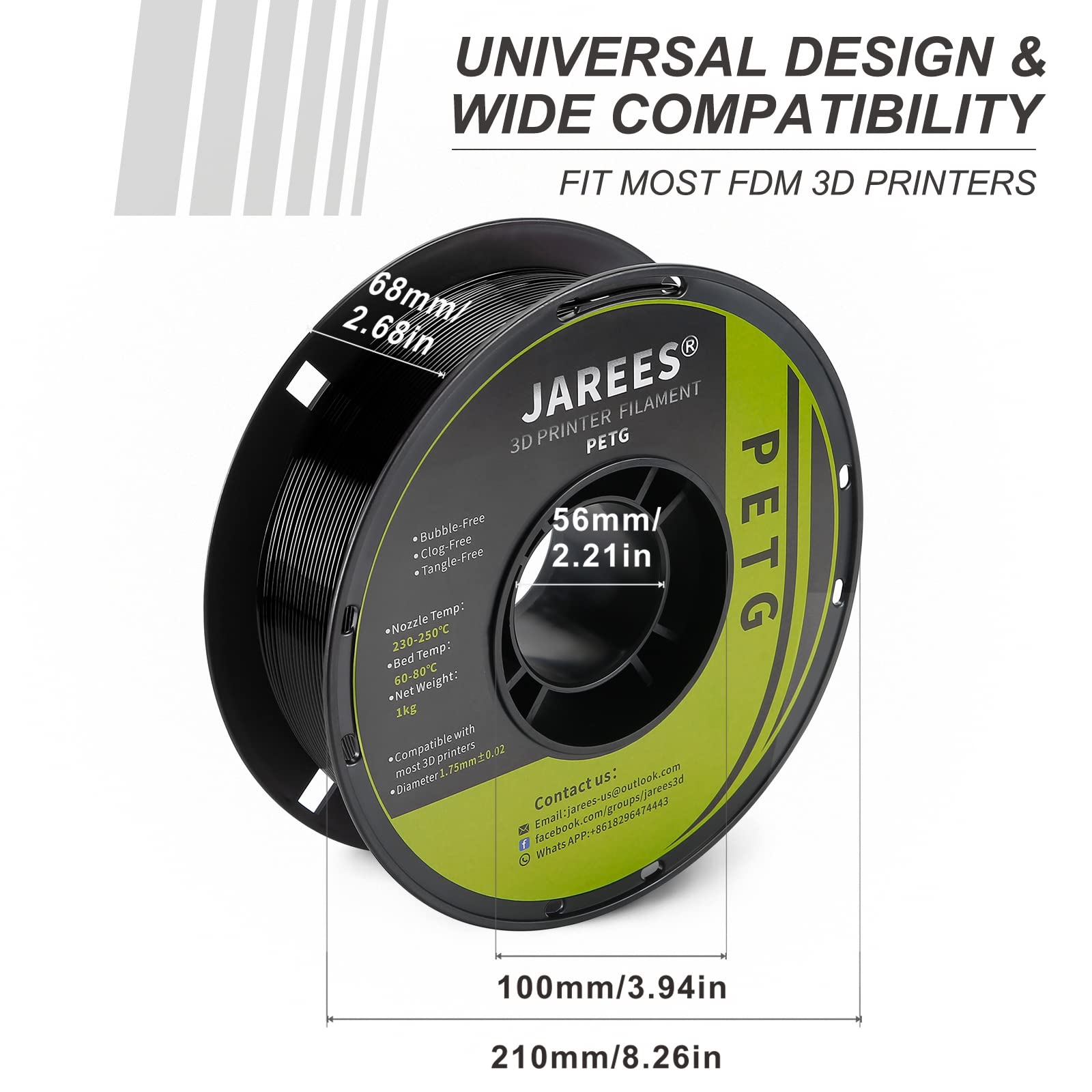 JAREES Petg Filament 1.75,Toughness Enhanced Petg Vacuum Sealed,Adhere Well 1kg Spool 3D Printer Filament,Dimensional Accuracy 1.75mm ±0.02mm,Black
