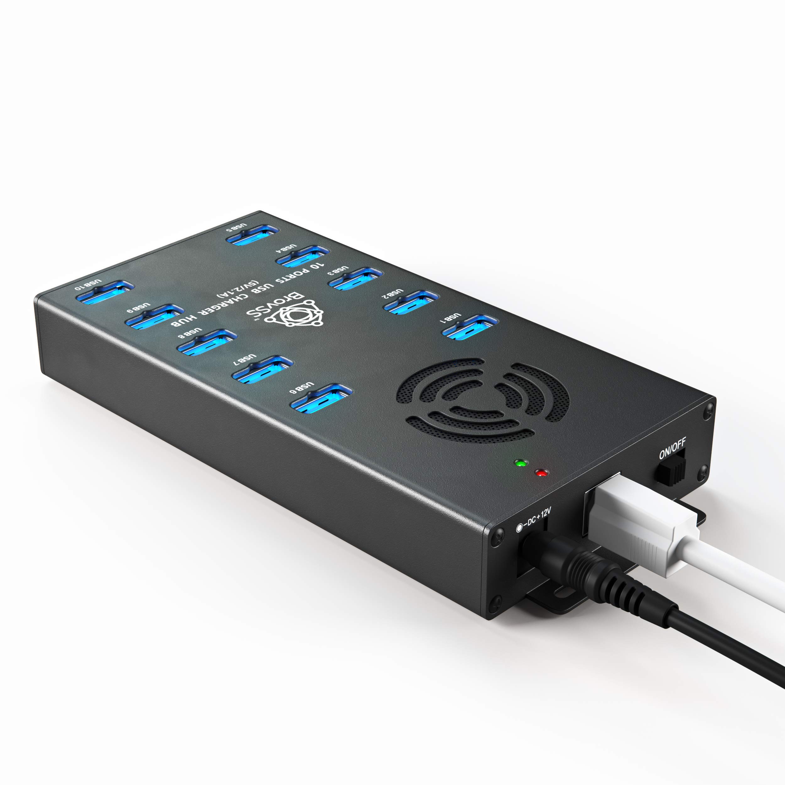 BrovSS: 10 Ports USB 2.0 Powered Hub - USB Extension Splitter with 12V 5A 60W Power Adapter. Plug and Play Installation. Connect up to 10 Electronics and USB peripherals (Black)