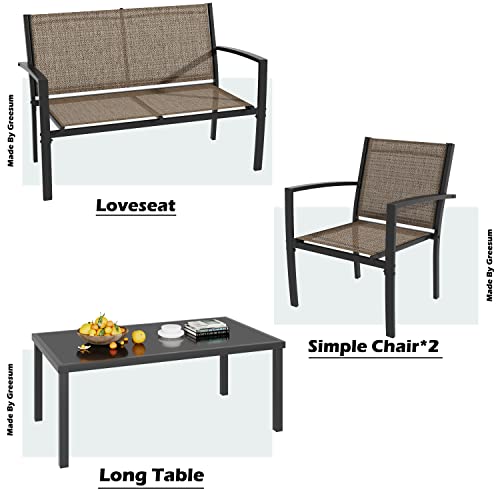 Greesum 4 Pieces Patio Furniture Set, Outdoor Conversation Sets for Patio, Lawn, Garden, Poolside with A Glass Coffee Table, Brown