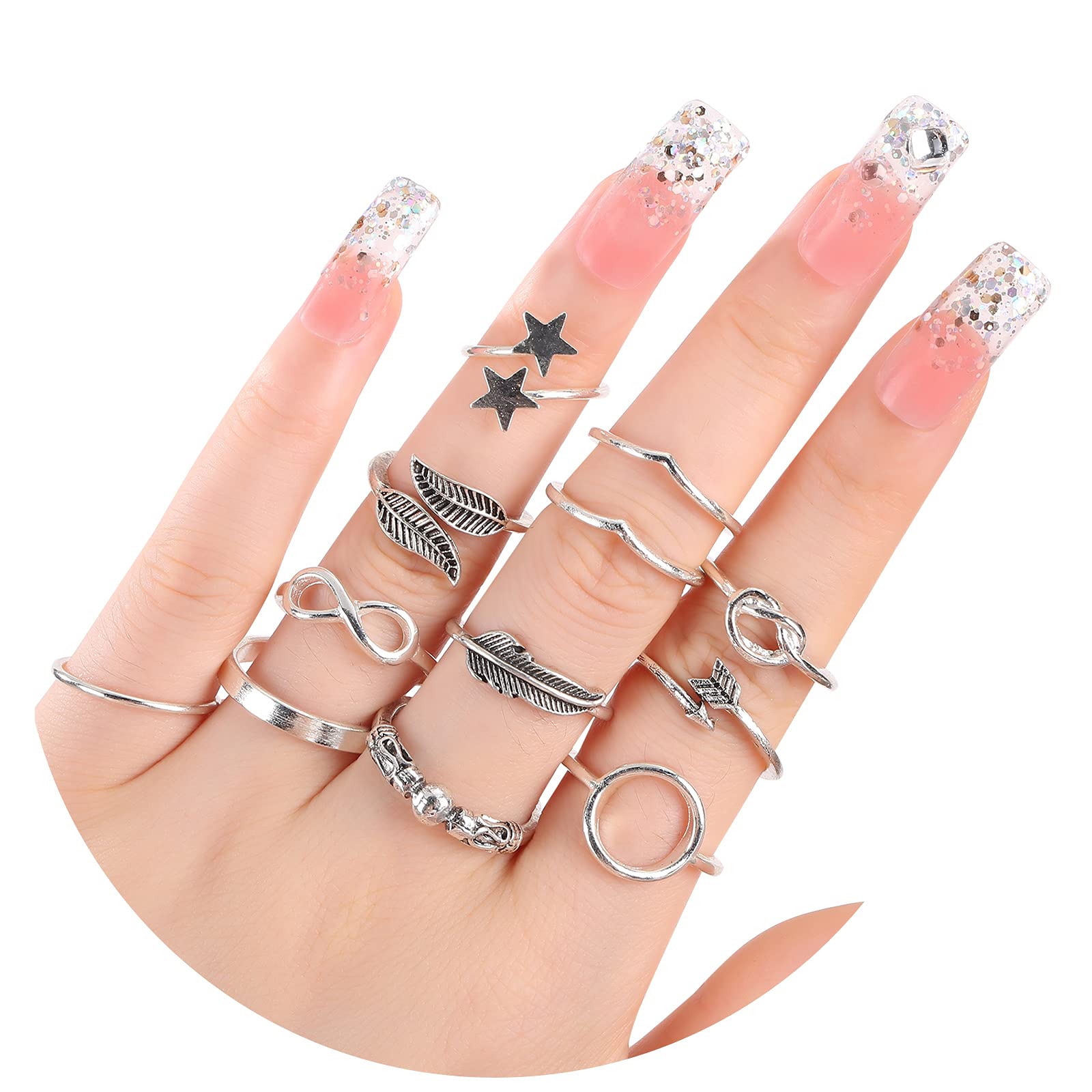 12 Pack Silver Knuckle Ring Set for Women Stackable Vintage Rings for Teen Girls Boho Trendy Finger Rings Adjustable Various Punk Rings Aesthetic Friendly Stacking Ring Sets Gifts