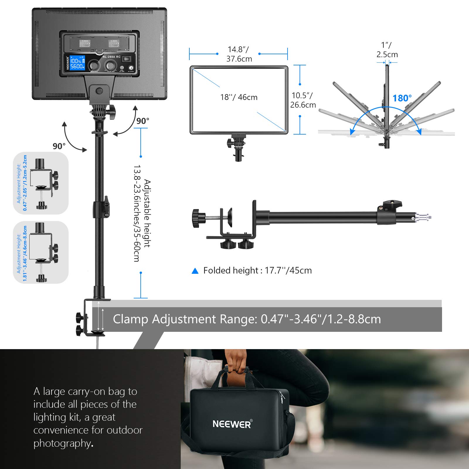 Neewer Desk Mount LED Video Light with C-clamp Stand and 2.4G Remote Kit: Dimmable Bi-Color 18" LED Panel 3200K-5600K 45W 4800Lux CRI 97+ Light for Photography YouTube Game Video Shooting Live Stream