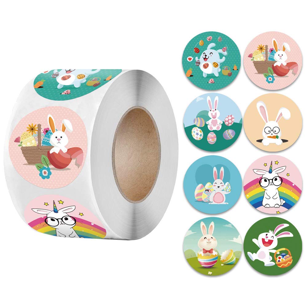 500pcs 1 Inch Easter Stickers Happy Easter Bunny Rabbit Eggs Stickers 8 Patterns Easter Theme Roll Stickers for Kids Easter Art Craft Gift Box Card Party Supplies