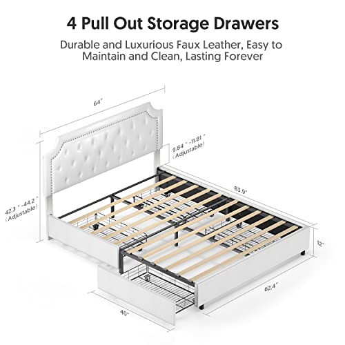 BONSOIR Queen Size Storage Bed Frame Upholstered Low Profile Traditional Platform with Tufted and Nail Headboard/4 Pull Out Drawers/White Faux Leather