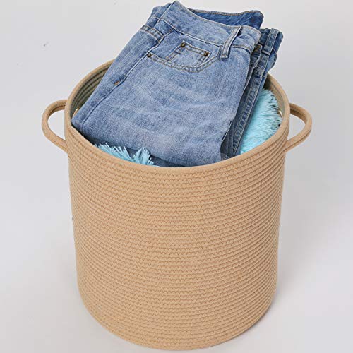 13" x 13" x 15" Medium Storage Basket with Lid, Cotton Rope Storage Baskets, Laundry Hamper, Cloth Bin, for Clothes Towels Blankets Storage in Living Room, Large Basket Full Beige with Cover