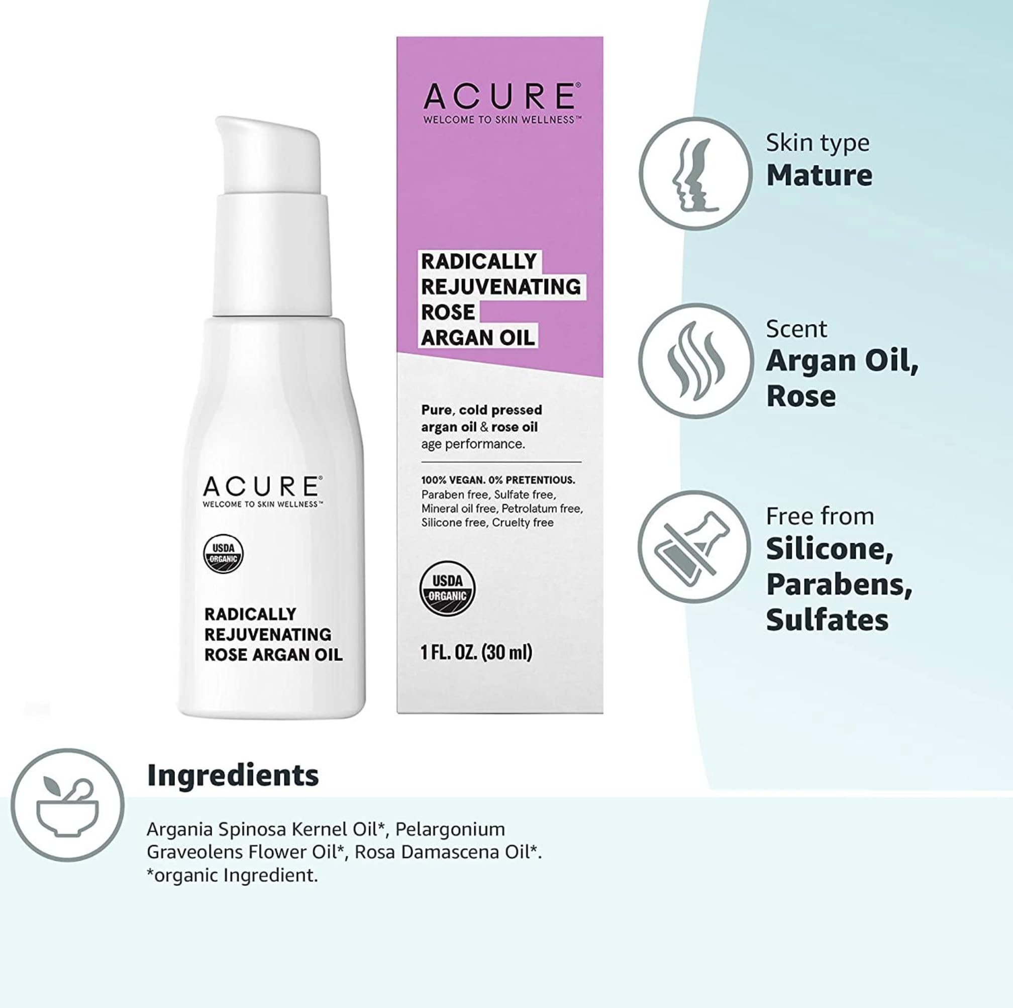 ACURE Radically Rejuvenating Rose Argan Oil - Face, Hair & Body Oil Serum Rich in Vitamin E - Lightweight, Non-Greasy, Vegan - 1 Fl Oz