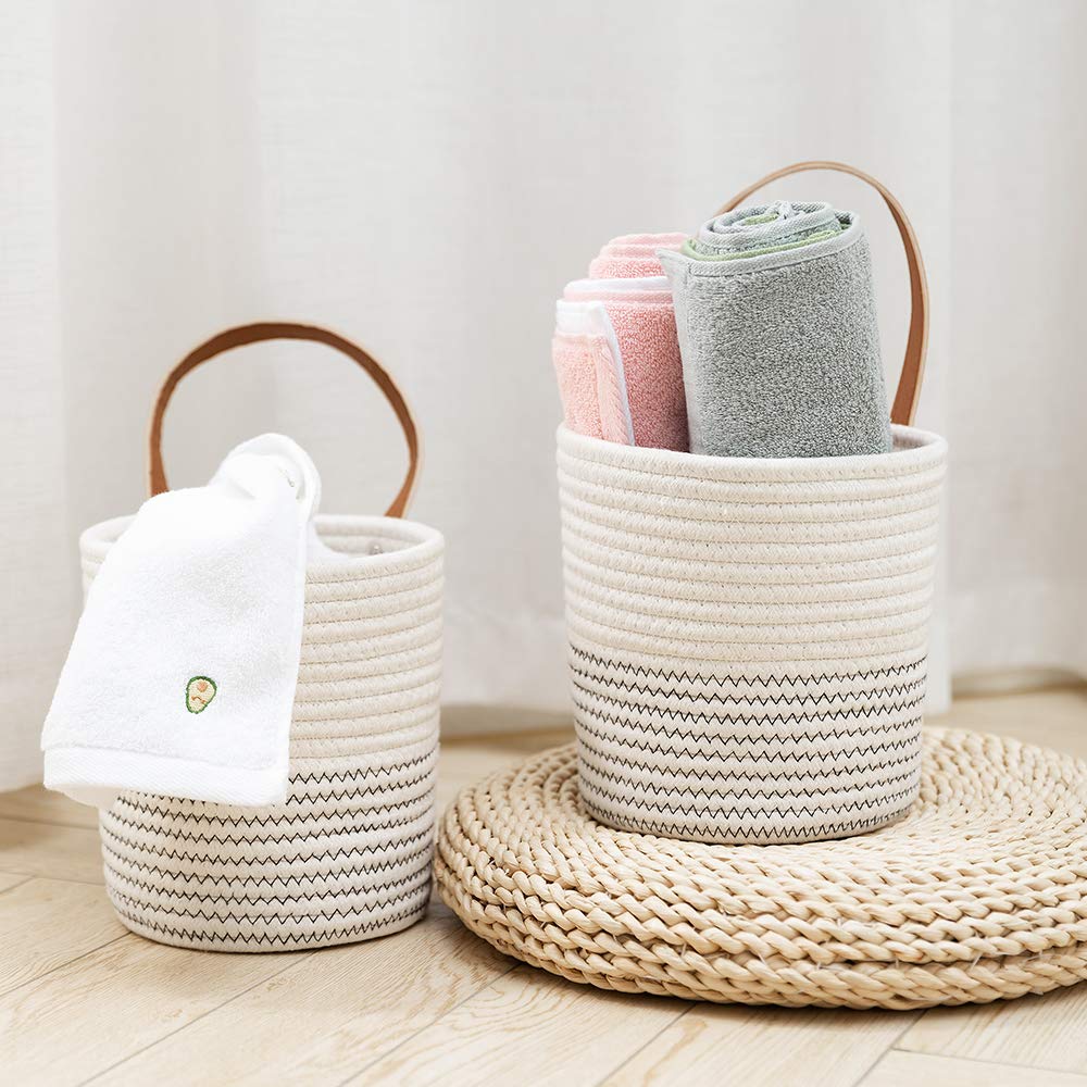 HIGOGOGO 2 Pack Wall Hanging Cotton Storage Baskets, Small Rope Baskets with Leather Handle Door Closet Organizer Woven Baskets for Keys, Wallet, Plants, Towels, Toys, 7.87" x 7"