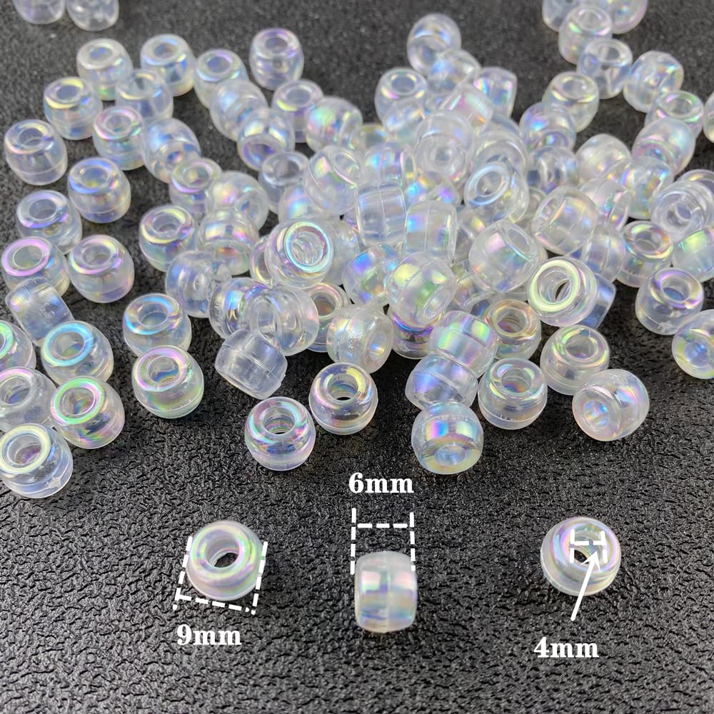 300 Pieces Pony Beads AB Colors Acrylic Pony Beads Plastic Pastel Beads Spacer Beads Shape Pony Beads for DIY Crafts Braids Bracelet Jewelry Making (6x9mm, Clear AB)
