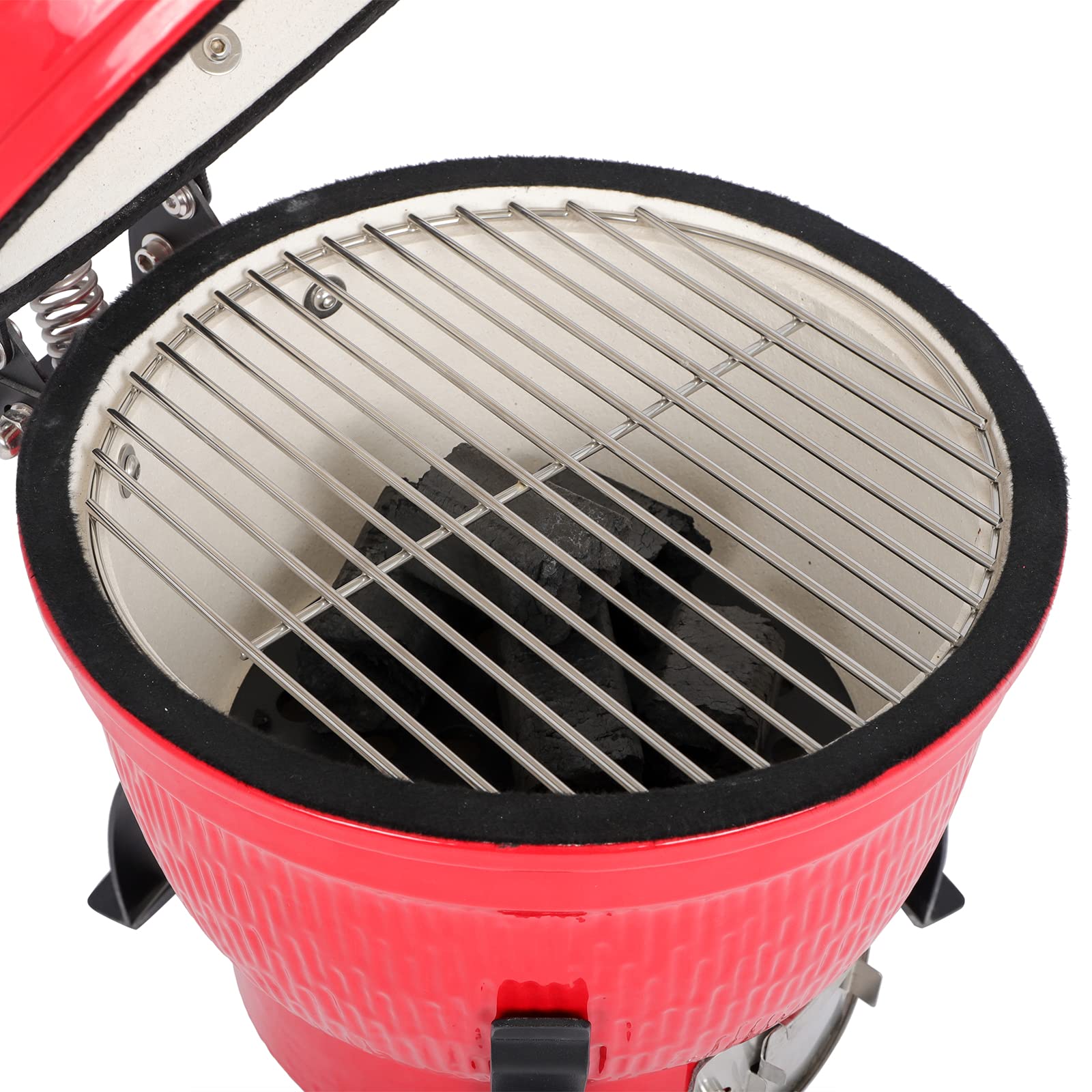 13 Inch Ceramic Charcoal Grill, Portable Charcoal Grill Barbecue Grill, Roaster and Smoker, Small Grill Round Grill with bamboo handle, double display thermometer, Outdoor Mini Egg Style (Orange)