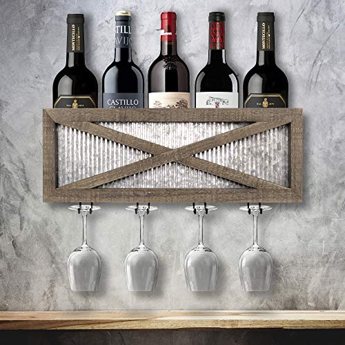 Autumn Alley Rustic Barn Door Wine Rack with Glass Storage - Country Home Decor Rustic Farmhouse for Kitchen, Dining Room β Wood and Metal Wine Wall Mount Storage β Holds 5 Bottles, 4 Stemmed Glasses