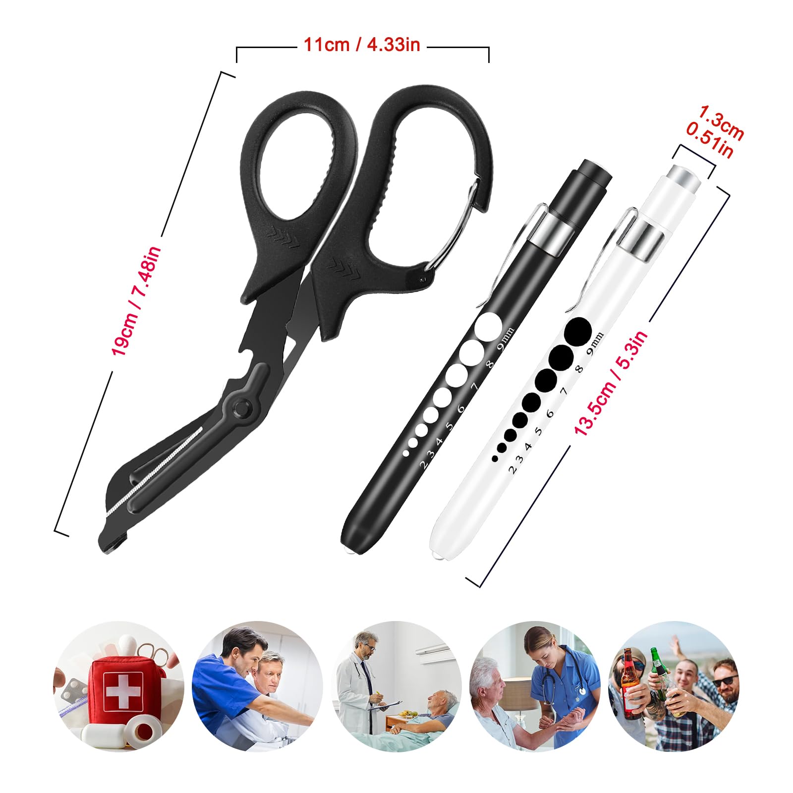 3 Pack Penlight and Medical Scissors for Nurses, Two LED Pen Light with Pupil Gauge and One 7.5 Inches Trauma Shears with Carabiner for Nurse Doctor EMT First Aid (Including Four Batteries)