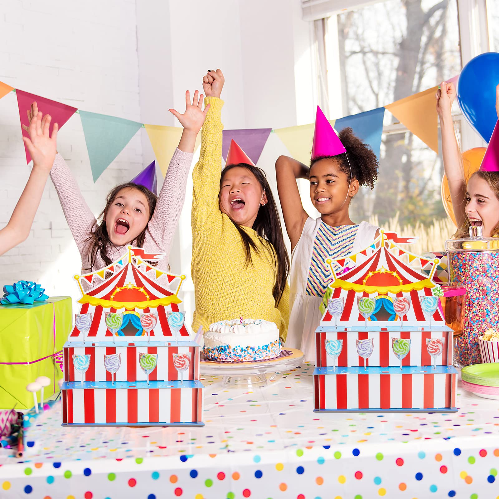 2 Pack Circus Tent Shaped Lollipop Stand 2 Tier Circus Lollipop Candy Stand 48 Suckers Dessert Table Display Set Carnival Theme Tent Design for Circus Birthday Party Favor Decoration Supplies