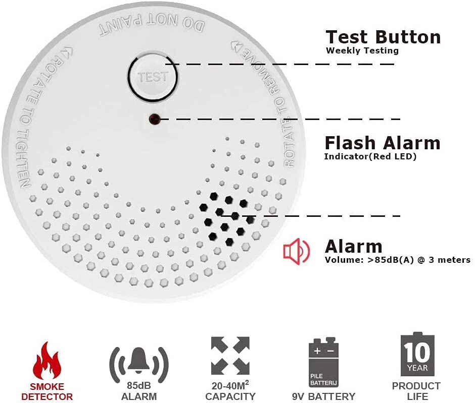 4 Pack Smoke Detector Fire Alarms 9V Battery Operated Photoelectric Sensor Smoke Alarms Easy to Install with Light Sound Warning, Test Button,9V Battery Included Fire Safety for Home Hotel(912-4)