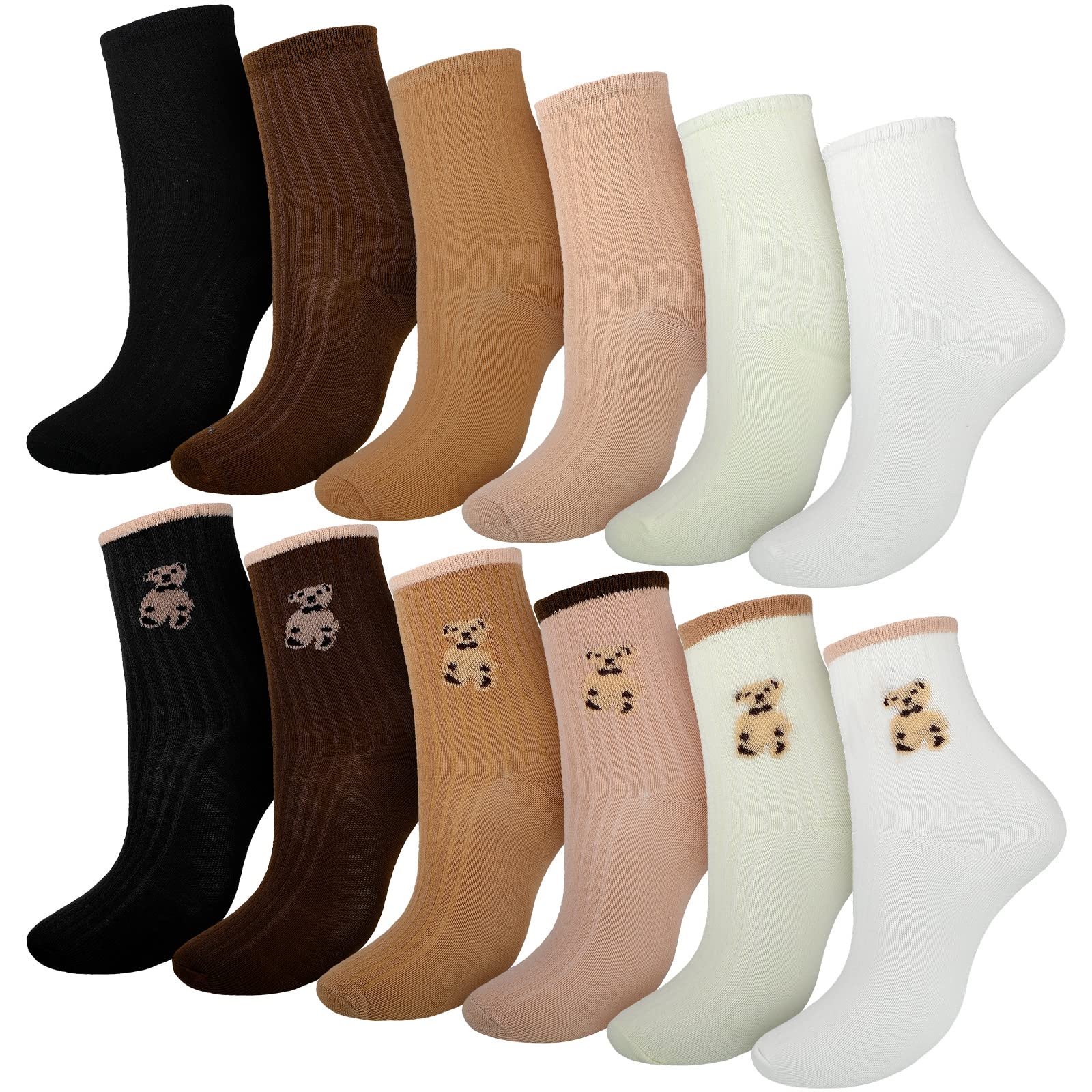 12 Pair Crew Socks for Women Girl Comfortable Casual Soft Cotton Socks Solid Color Bear Cute Socks Stretch Long Above Ankle Women's Calf Socks