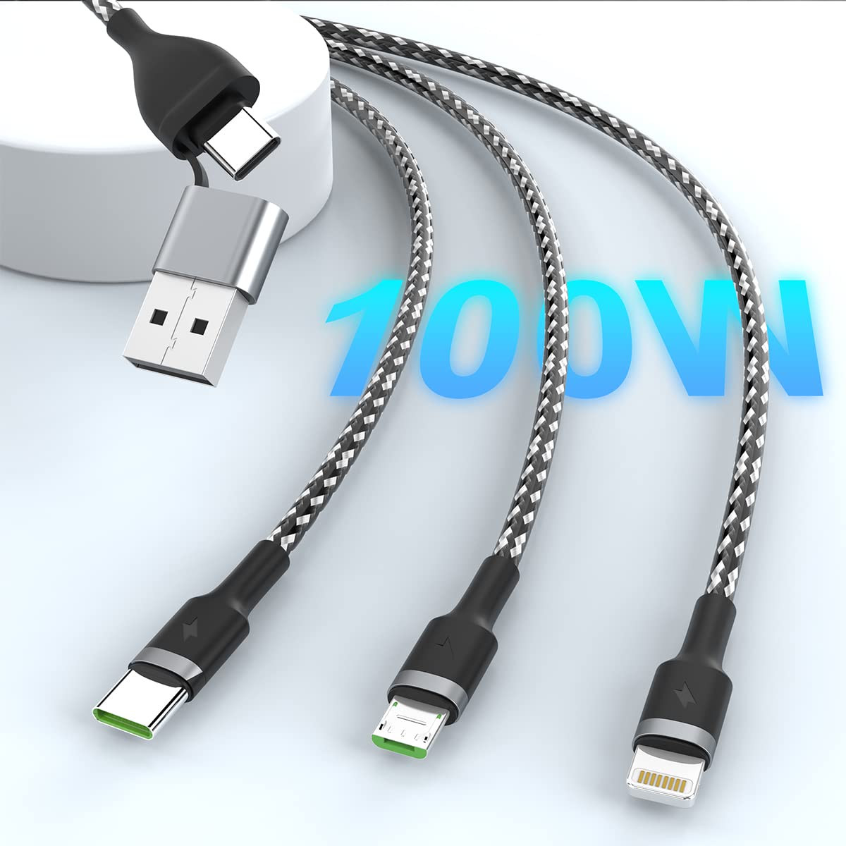 100W USB C Multi Fast Charging Cable, 6FT 5-in-2 PD 60W USB/C to USB C/Micro USB/MFi Certified iPhone Charging Cord Braided Fast Charging Cord Universal Sync Charger Adapter for iPhone/Android Phone