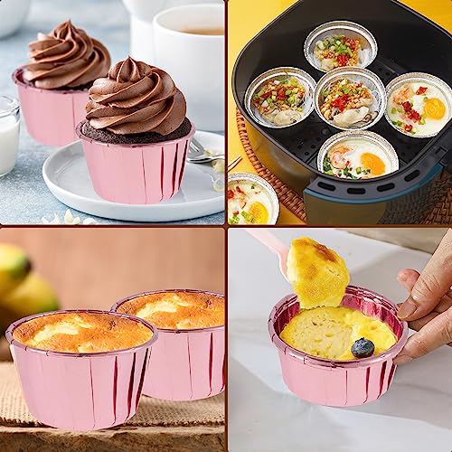 100Pcs Aluminum Foil Cupcake Cups Liner 3.5oz Non-Stick Mini Baking Cups Heat-Resistant Small Muffin Pie Liner with Lids and Spoons Reusable Dessert Cake Container for Home Kitchen (Rose Gold)