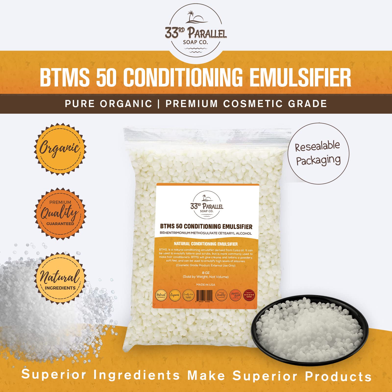 33rd PARALLEL | BTMS 50 (2 oz) Conditioning Emulsifier | 100% Natural Plant Derived | Behentrimonium Methosulfate Cetearyl Alcohol Emulsifying Conditioner | Product of USA (2 Ounces)