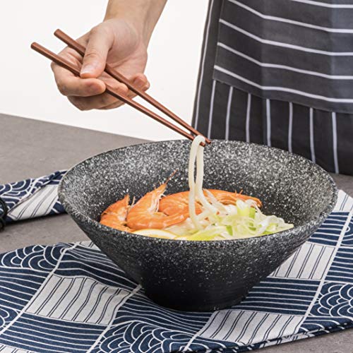 Alex Kato Ceramic Japanese Ramen Bowls Set of 2 - 60 ounce Large Noodle Soup Bowl, with Chopsticks and Spoon for Asian Pho Udon Soba (Black)