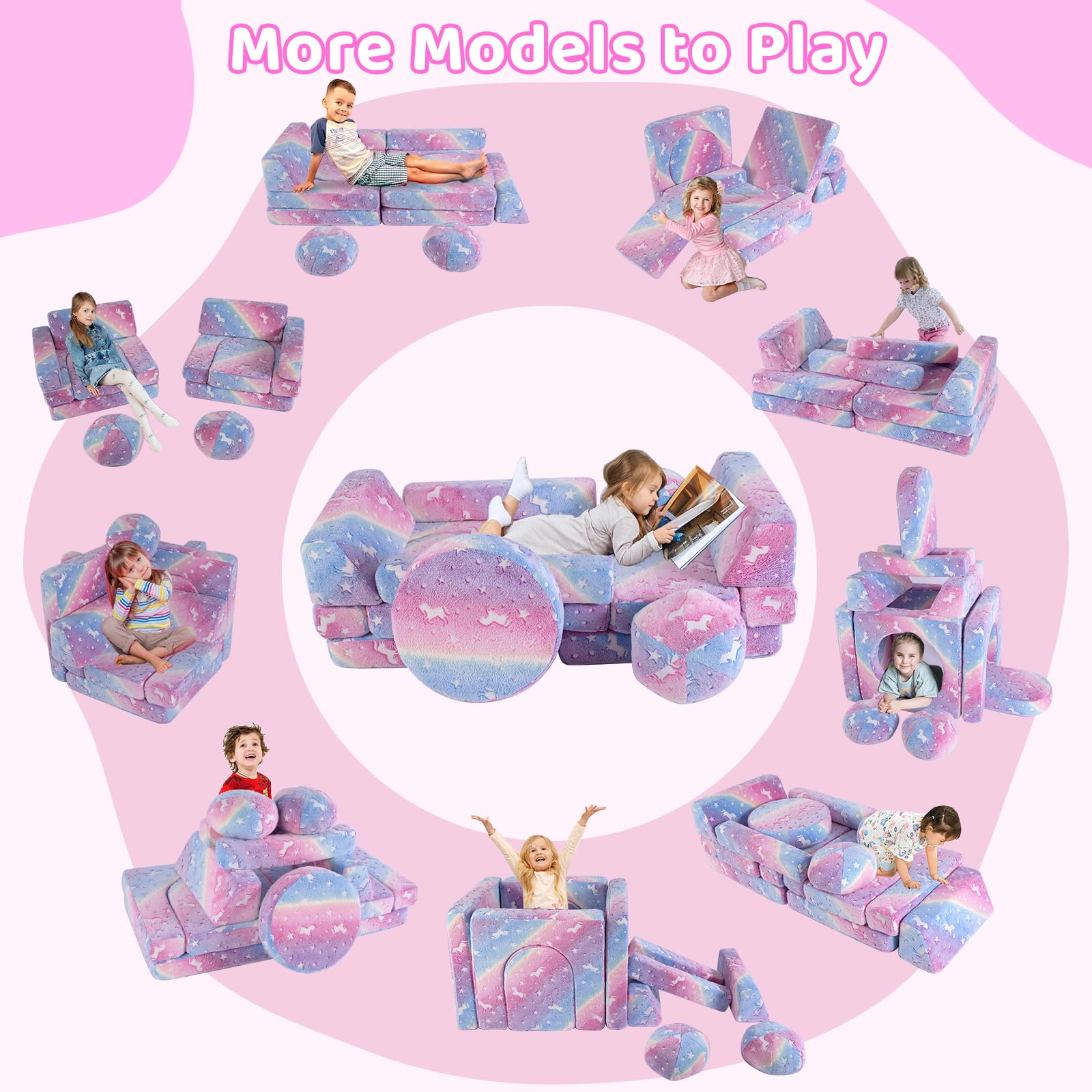 13 PCS Kids Play Couch, Modular Kids Play Couch Set,Glowing Toddler Couch, Kid Play Couch Sofa for Playroom and Bedroom (Rainbow)
