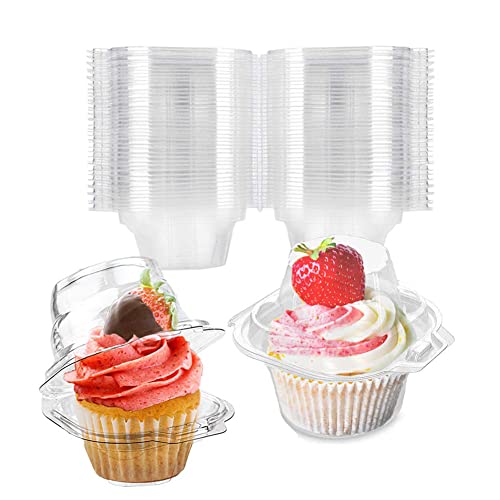 LOKQING 50 Pcs Cupcake Boxes Plastic Individual Cupcake Containers Single Cupcake Carrier with Connected Airtight Dome Lid for Party