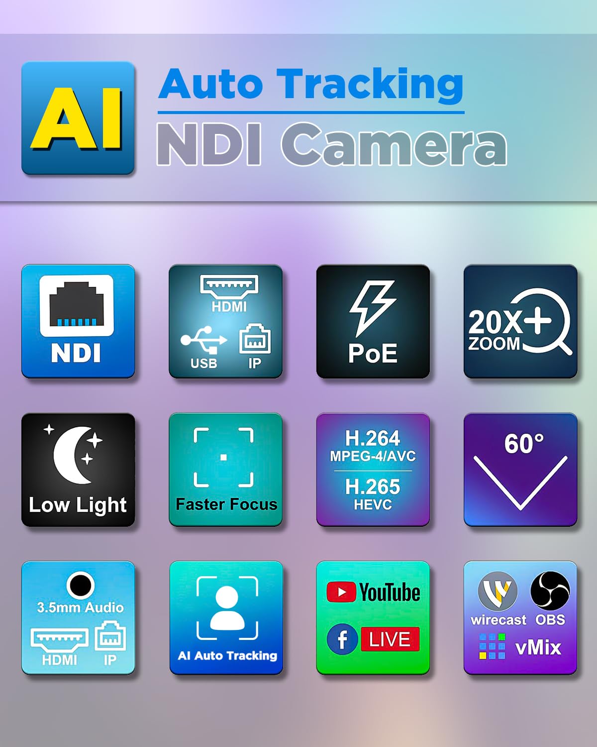 FoMaKo NDI Camera AI Auto Tracking 20x Optical Zoom HDMI NDI PTZ Camera for Church Worship Education Events,PoE 1080P 60FPS (KN20A Pro) (NDI 6 & NDI HX3 Certified)