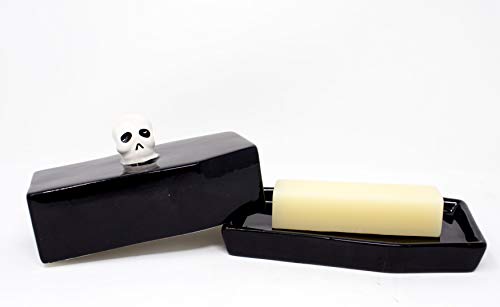 Boston Warehouse Coffin Shaped with Skull Handle Covered Butter Dish, Standard, Black