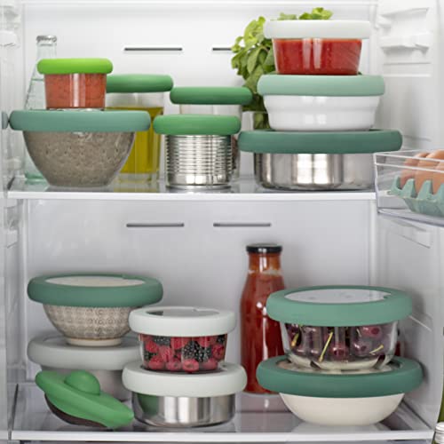 Food Huggers Replacement Lids for Glass Storage Containers Silicone & Glass Lids that Don’t Crack | Fits Round Container Brands & Bowls | 100% Plastic Free | 4 Lid Set (XS,S,M,L), Gradual Green